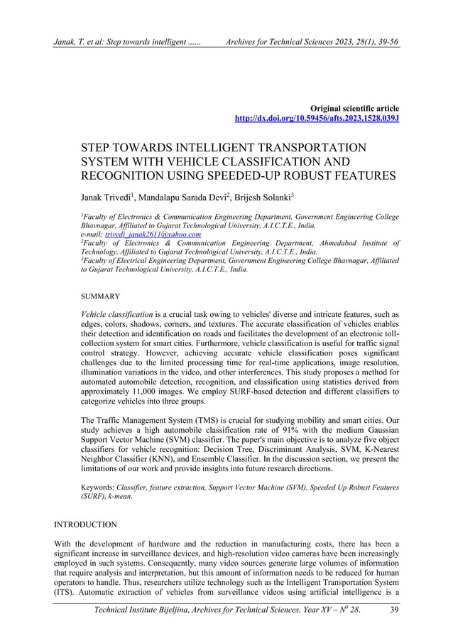 STEP TOWARDS INTELLIGENT TRANSPORTATION SYSTEM WITH VEHICLE CLASSIFICATION AND RECOGNITION USING ...