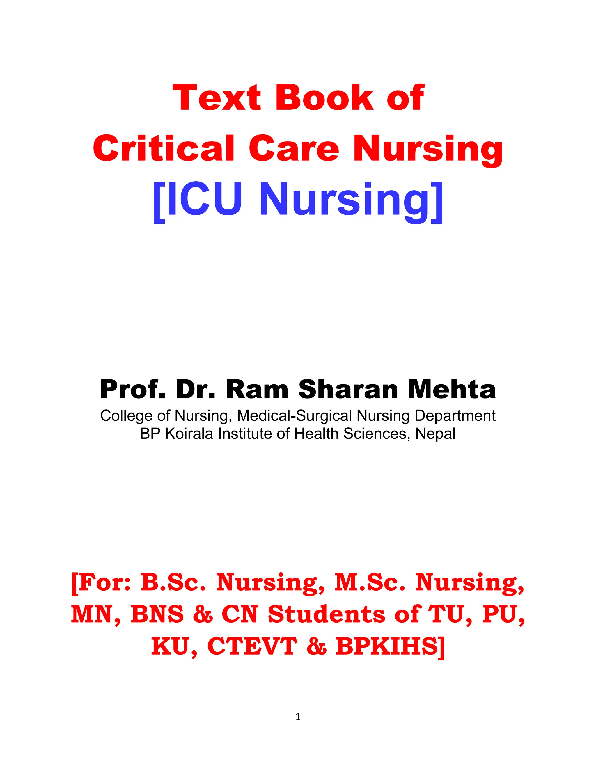 Text Book of Critical Care Nursing ICU NURSING | PDF