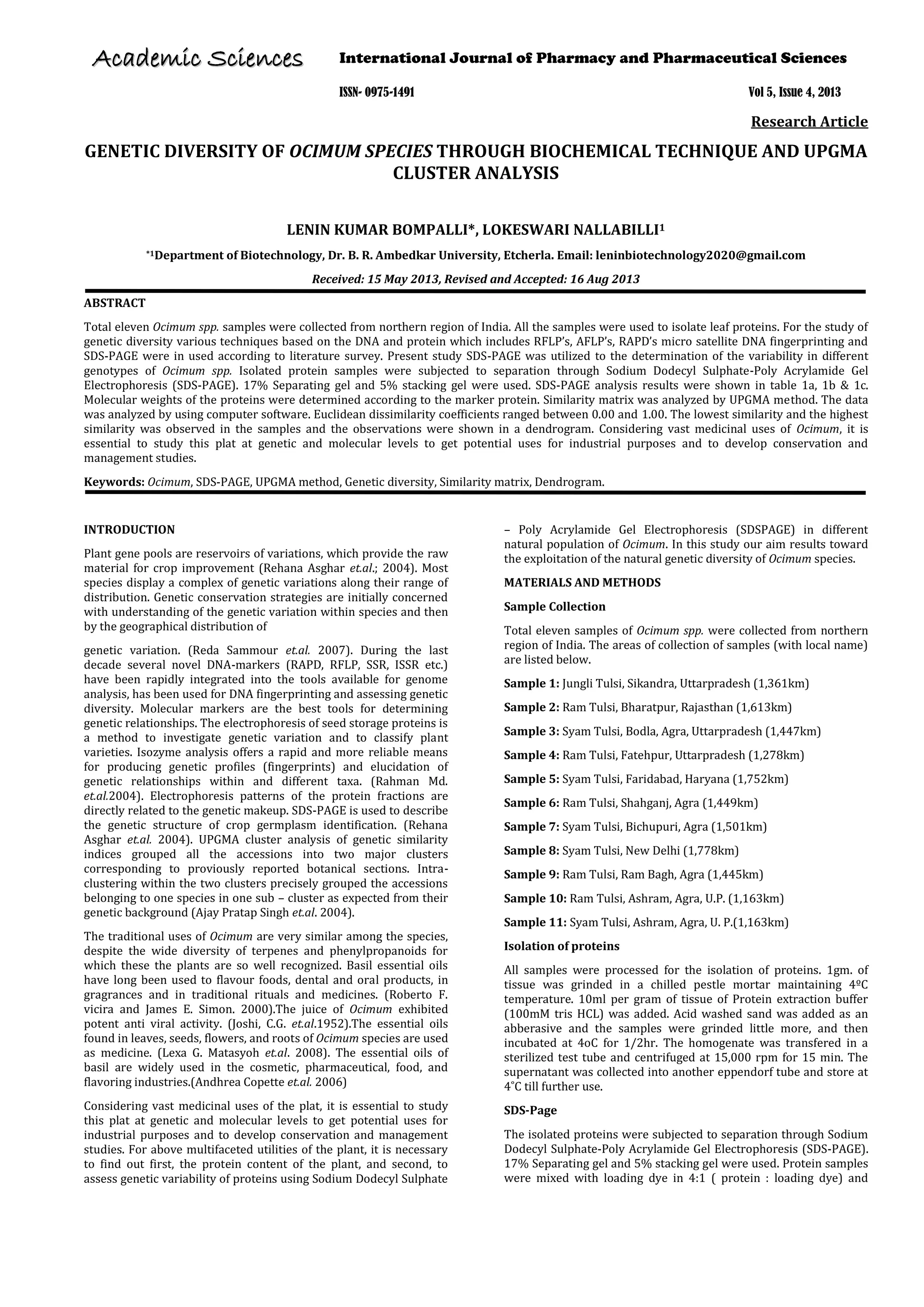 Genetic diversity of Ocimum species through biochemical technique and UPGMA cluster analysis | PDF