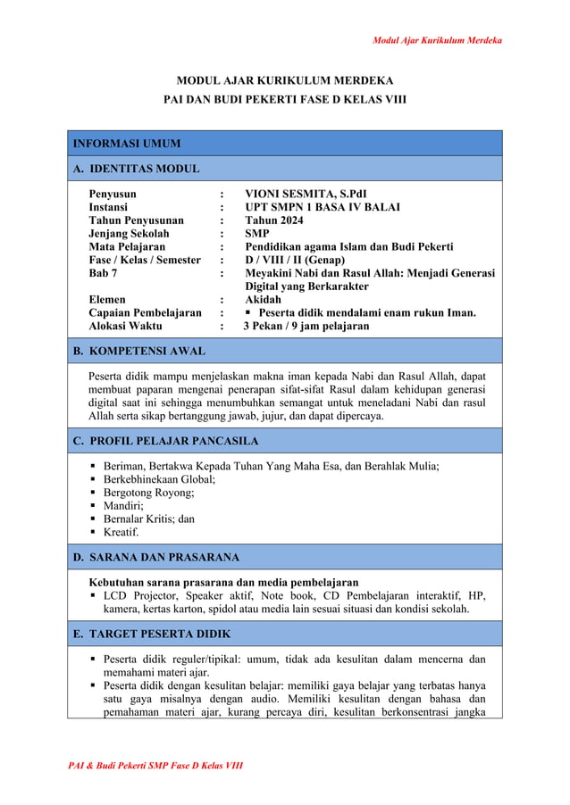 Modul Ajar BAB 7 Agama Kelas VIII SMP/MTSN | PDF