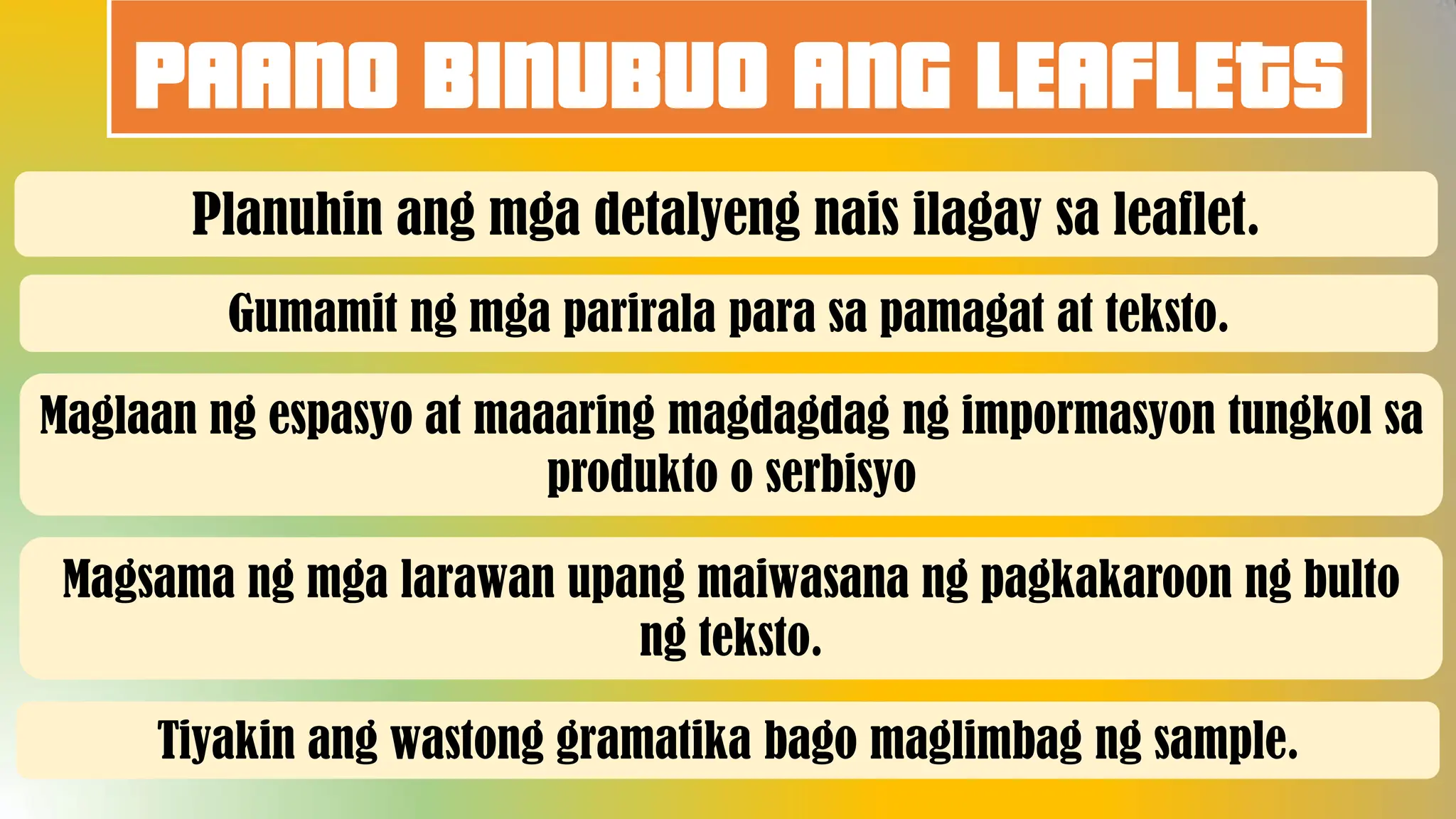 Pagbuo ng isang flyers at leaflets ppt pdf | PDF
