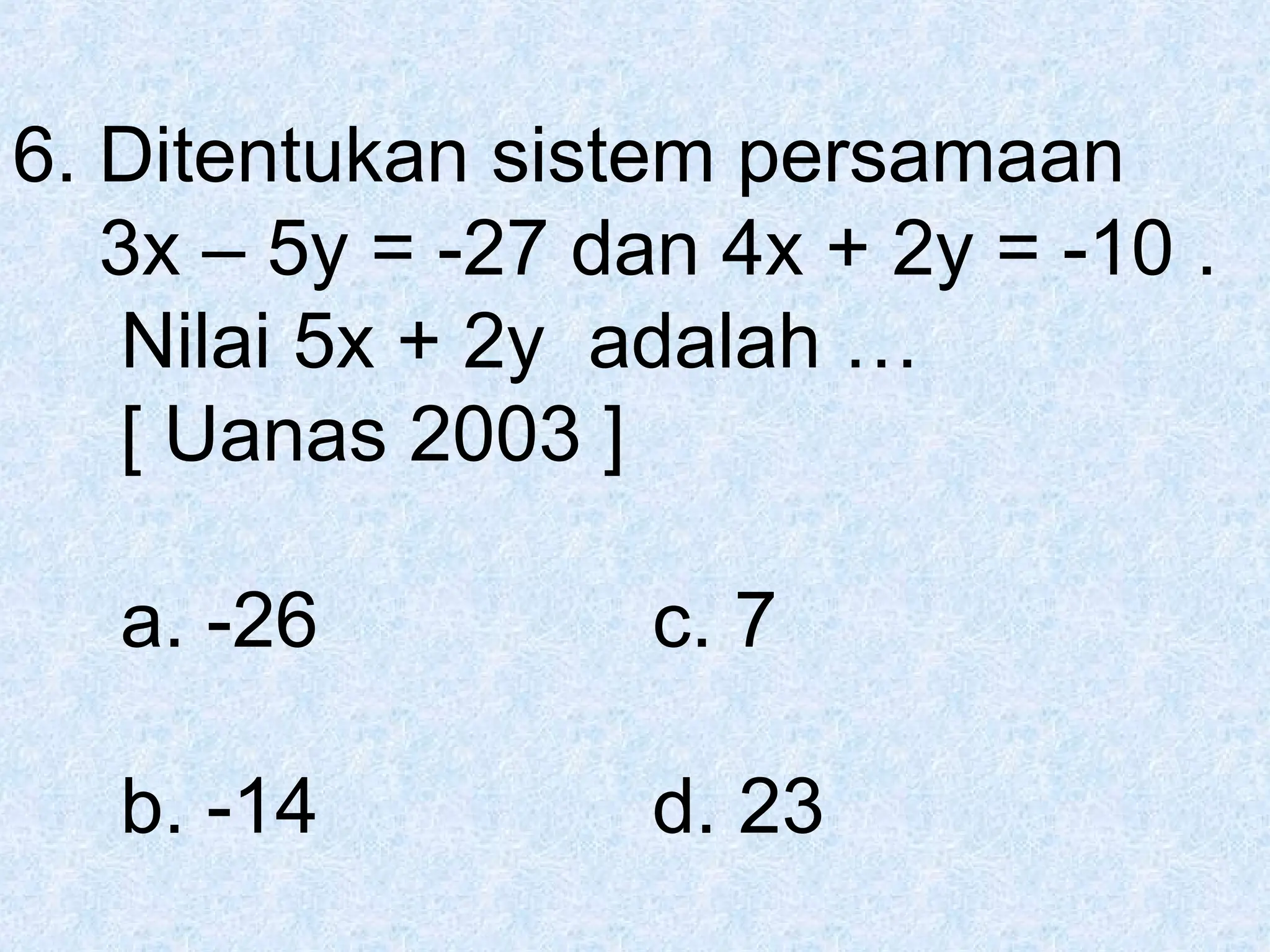 latihan soal sistem persamaan linear 2 variabel | PPT
