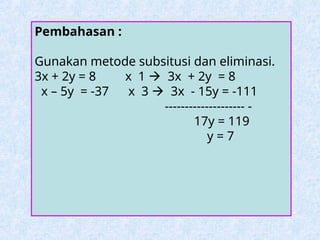 latihan soal sistem persamaan linear 2 variabel | PPT