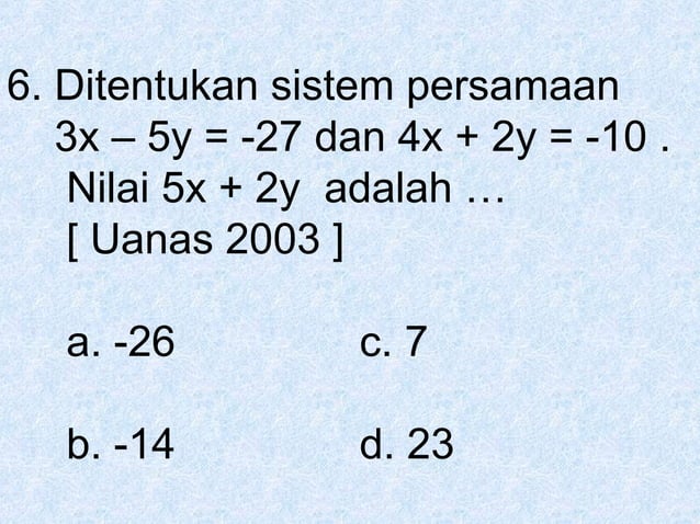 latihan soal sistem persamaan linear 2 variabel | PPT