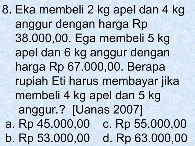 latihan soal sistem persamaan linear 2 variabel | PPT
