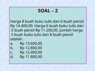 latihan soal sistem persamaan linear 2 variabel | PPT