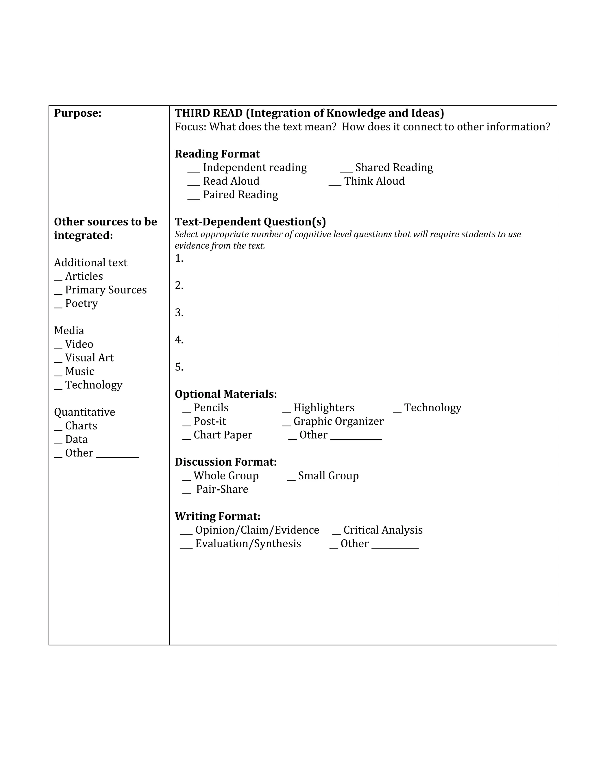 4 5 closereadingtemplate | DOC | Educational Assessment | Education