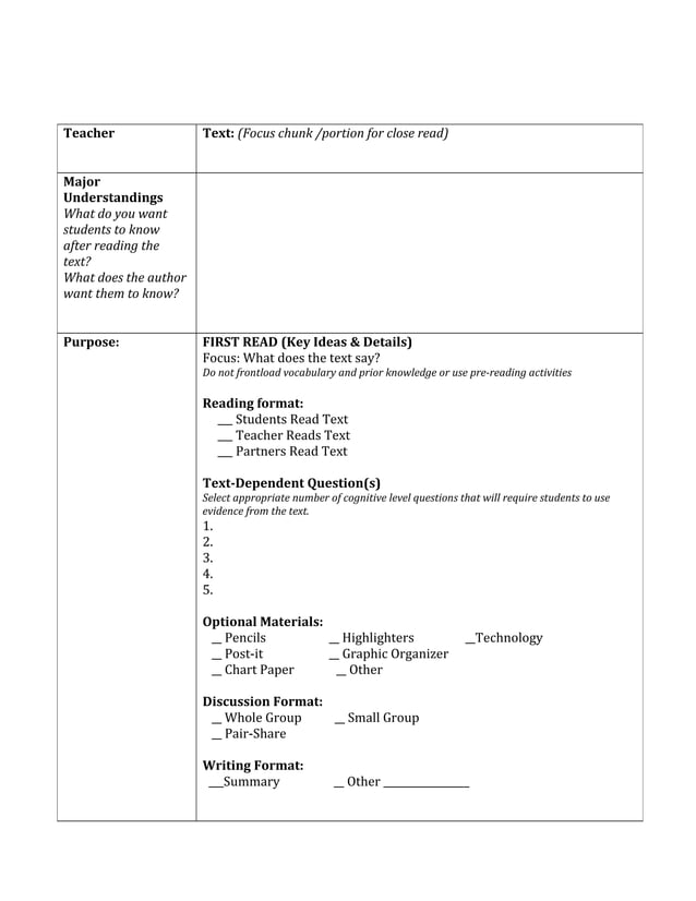 4 5 closereadingtemplate | DOC | Educational Assessment | Education