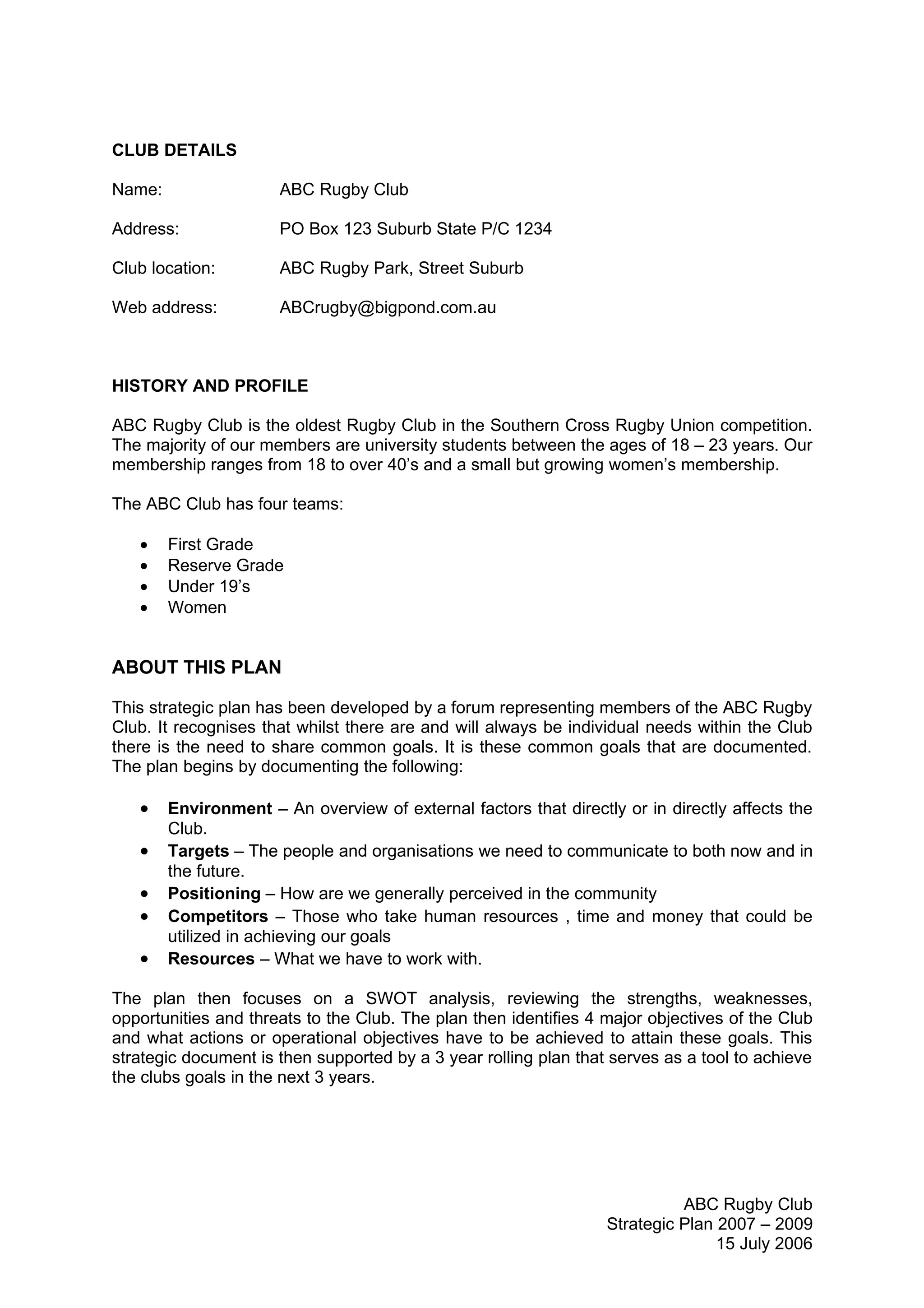 4. Abc Rugby Union Club Strategic Plan Template | DOC