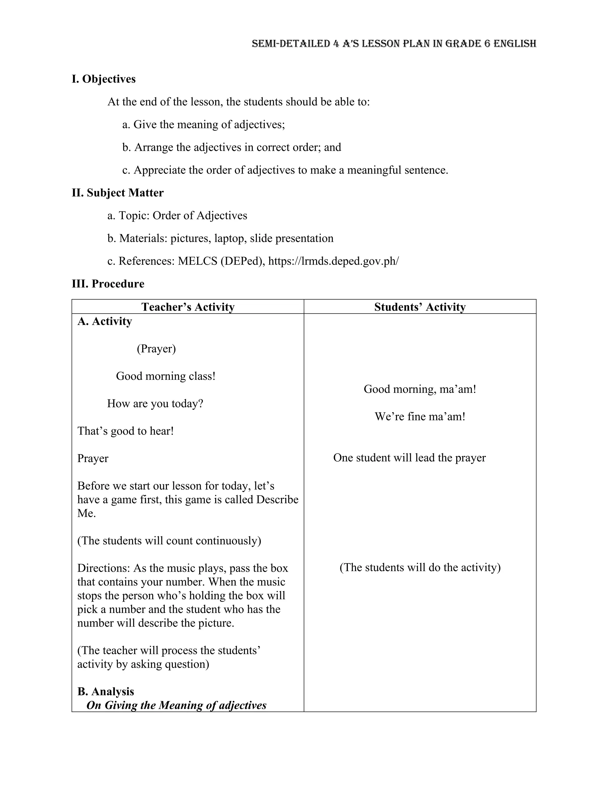 English 6, Order of Adjectives 4-As Lesson Plan sample | DOCX