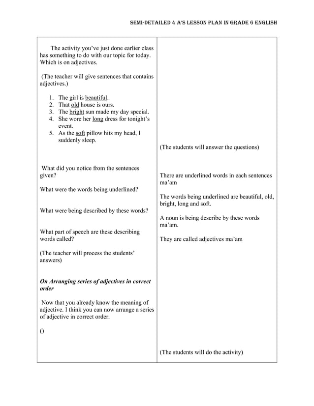 English 6, Order of Adjectives 4-As Lesson Plan sample | DOCX