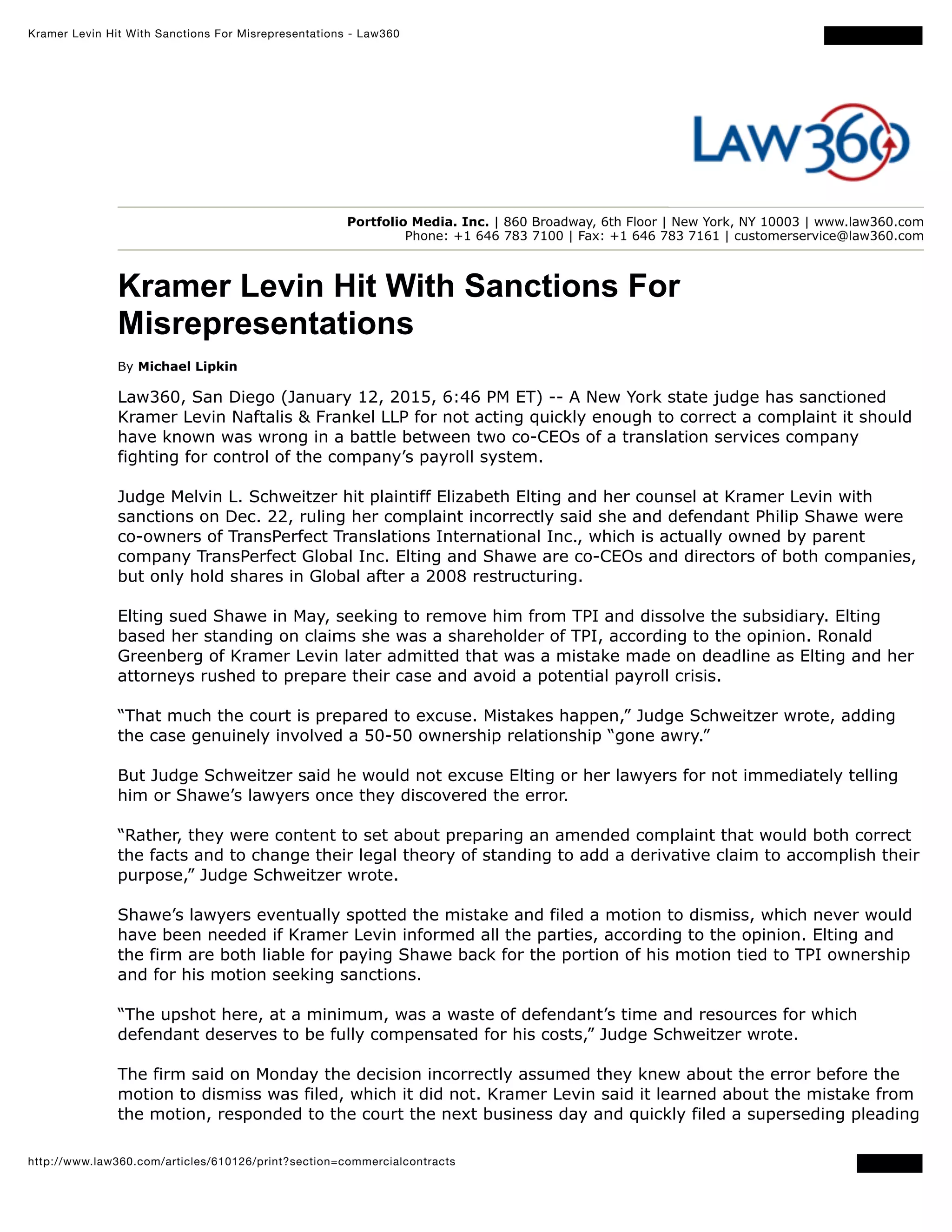 Kramer Levin Hit with Sanctions for Misrepresentations (by Law360) | PDF