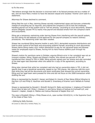 Kramer Levin Hit with Sanctions for Misrepresentations (by Law360) | PDF