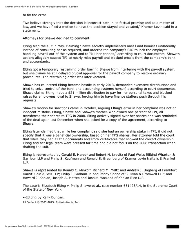 Kramer Levin Hit with Sanctions for Misrepresentations (by Law360) | PDF