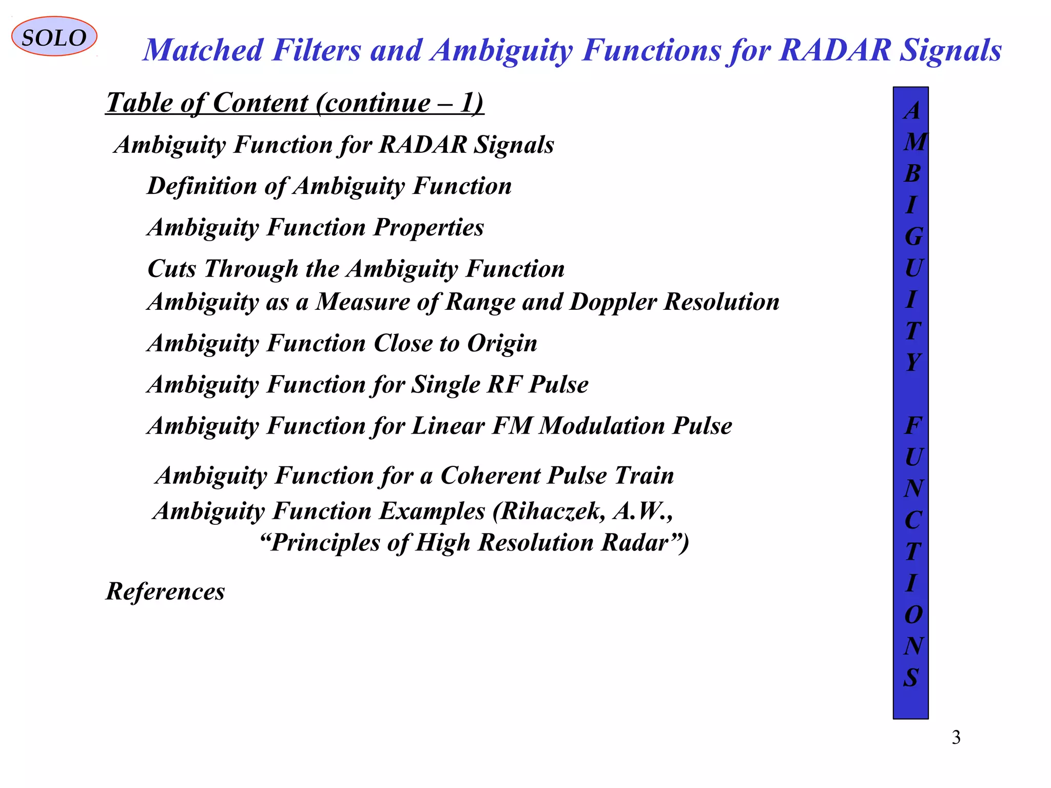 4 matched filters and ambiguity functions for radar signals | PPT