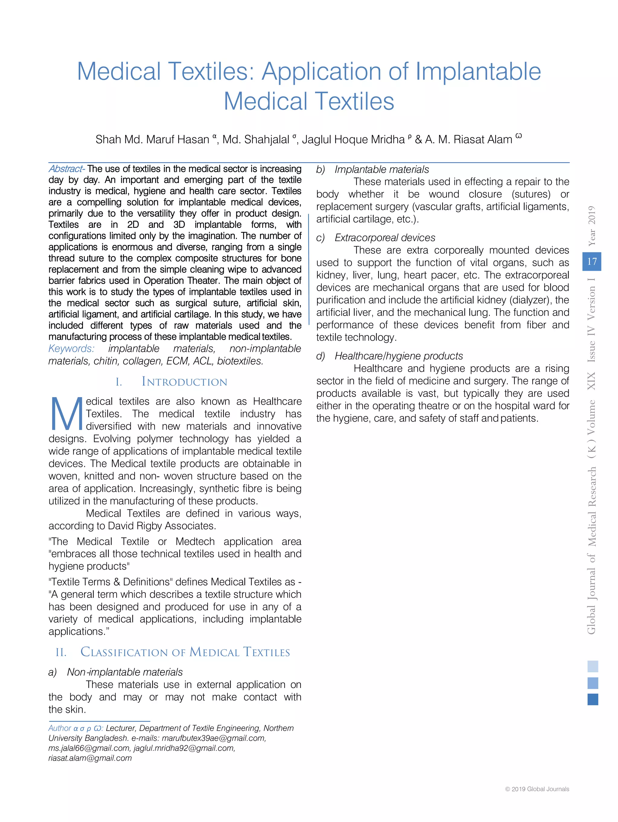 Medical Textiles: Application of Implantable Medical Textiles | PDF