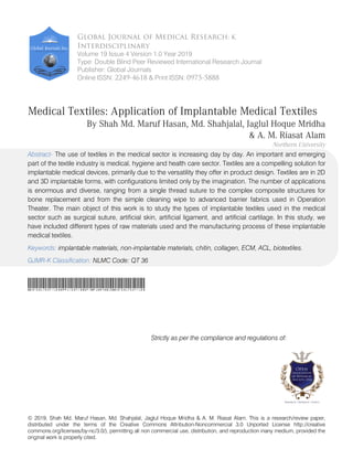 Medical Textiles: Application of Implantable Medical Textiles | PDF