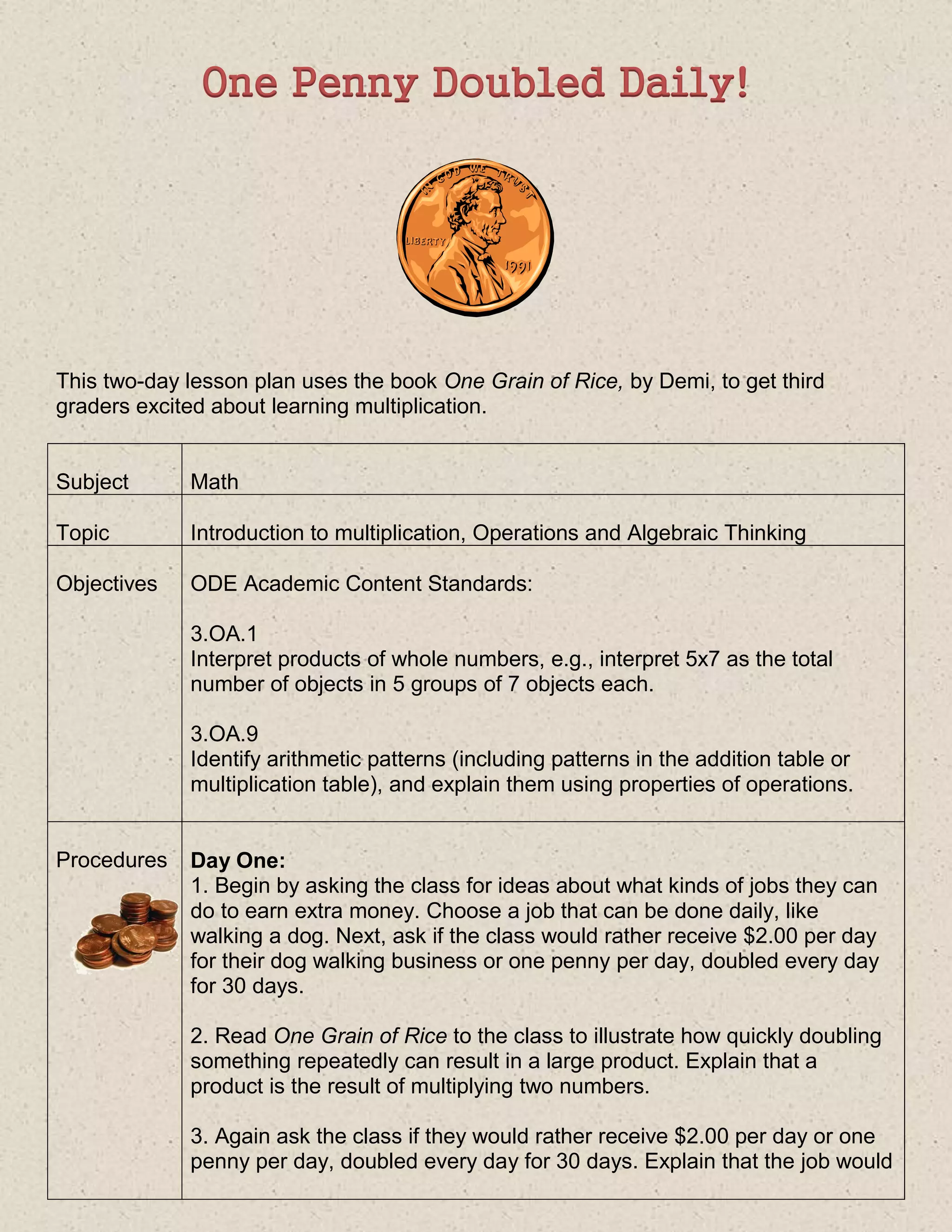 one penny doubled daily, multiplication lesson plan | PDF