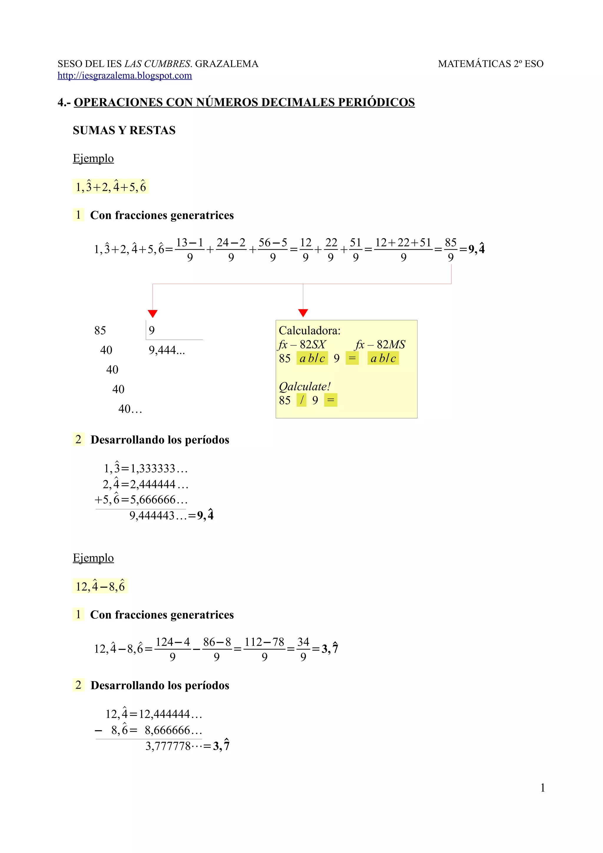 4.- Operaciones con números decimales periódicos | PDF