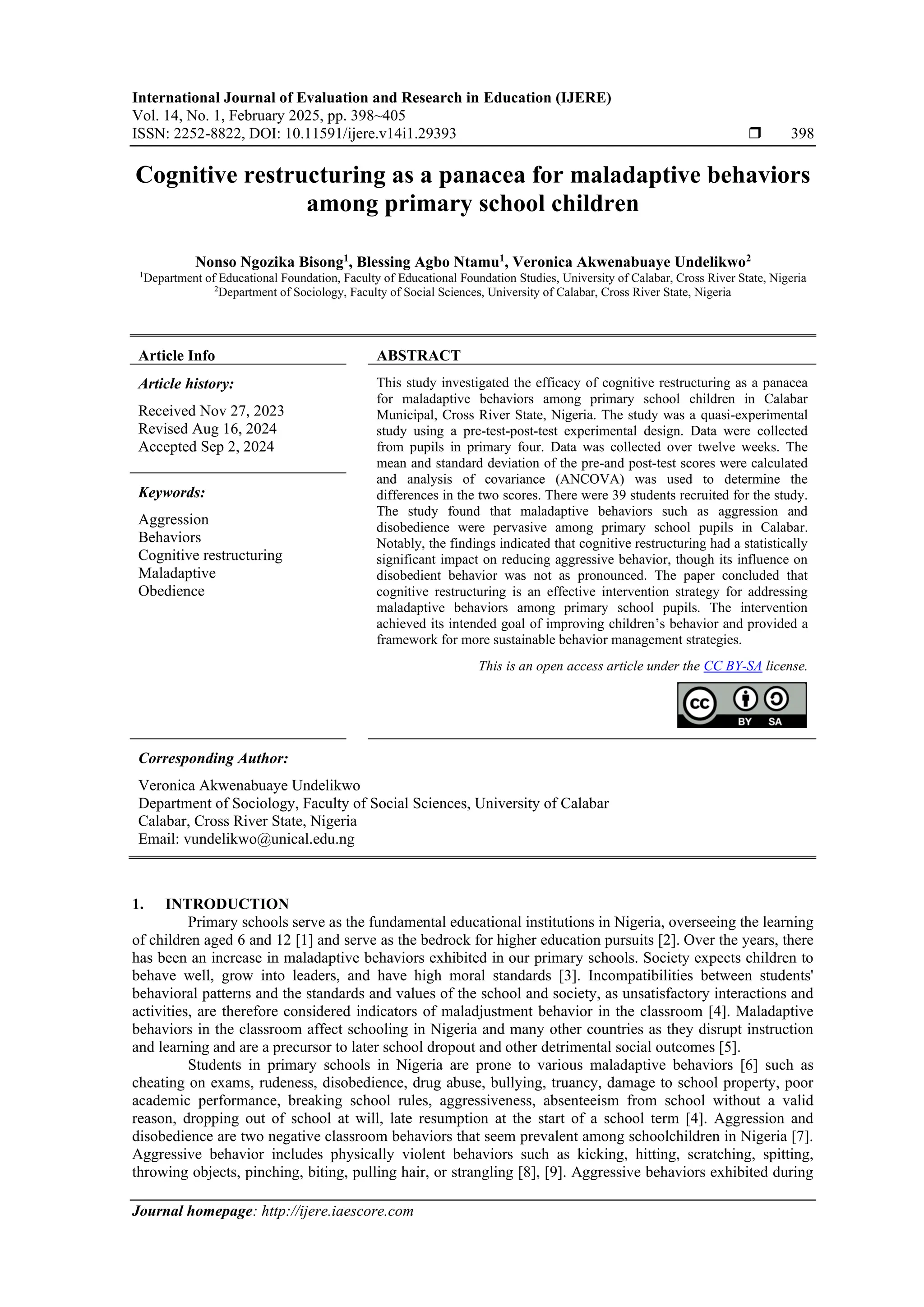 Cognitive restructuring as a panacea for maladaptive behaviors among primary school children | PDF