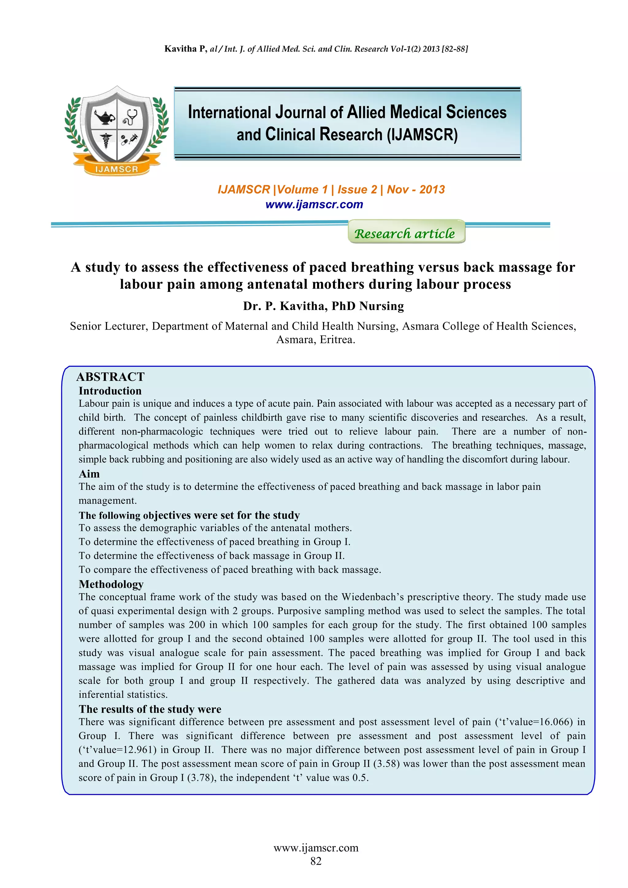 A study to assess the effectiveness of paced breathing versus back ...
