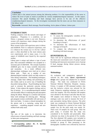 A study to assess the effectiveness of paced breathing versus back massage for labour pain among ...
