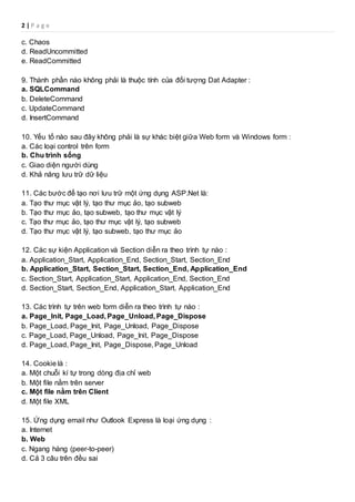 400 câu hỏi thi trắc nghiệm ASP.NET có đáp án - Thiết kế website kinh doanh 2 | DOC