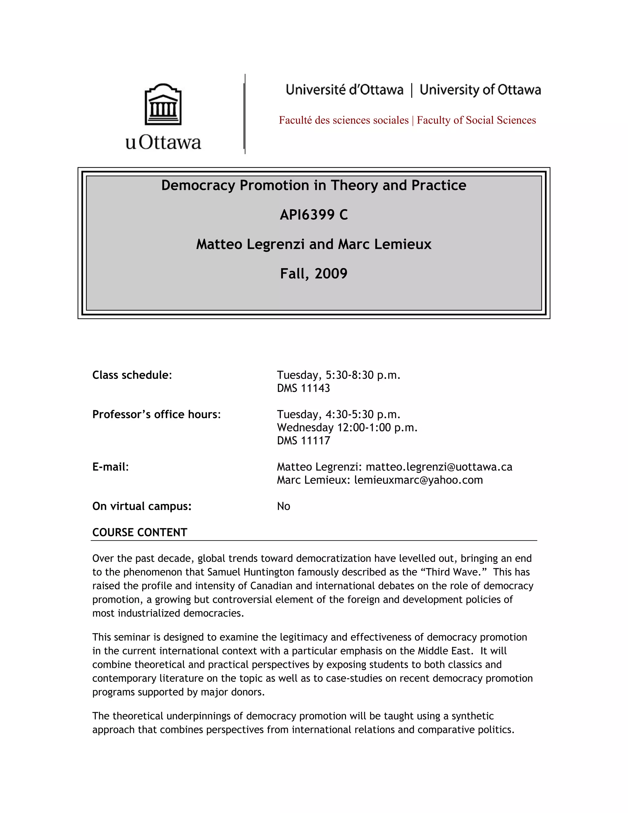 Democracy promotion syllabus seminar Fall2009 UofO | PDF