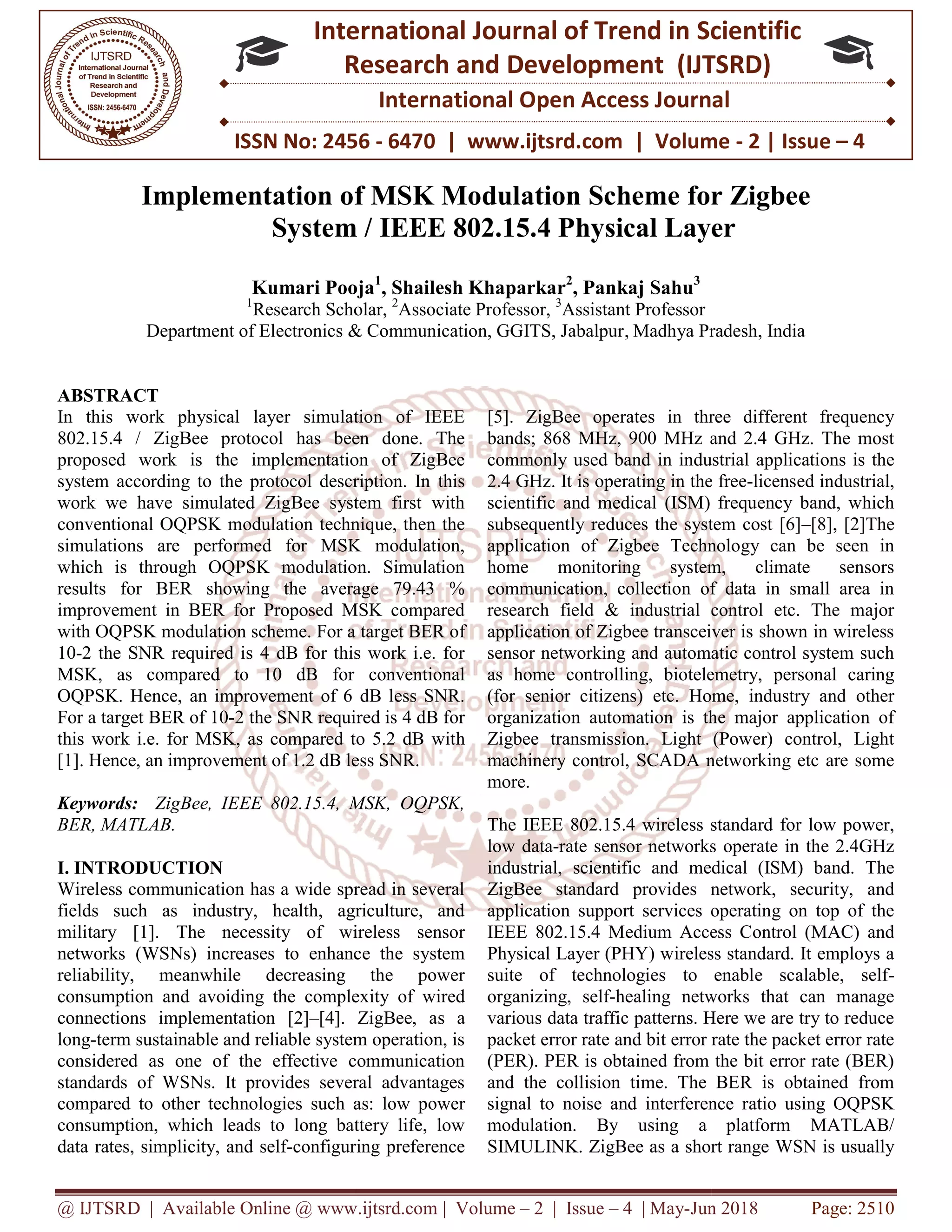 Implementation of MSK Modulation Scheme for Zigbee System / IEEE 802.15.4 Physical Layer | PDF