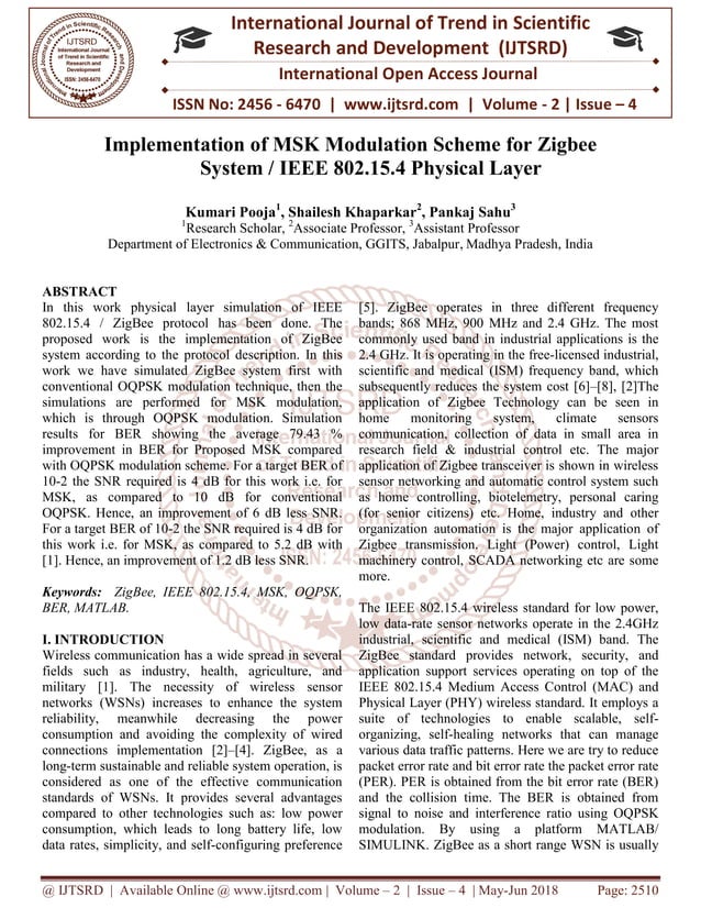 Implementation of MSK Modulation Scheme for Zigbee System / IEEE 802.15.4 Physical Layer | PDF