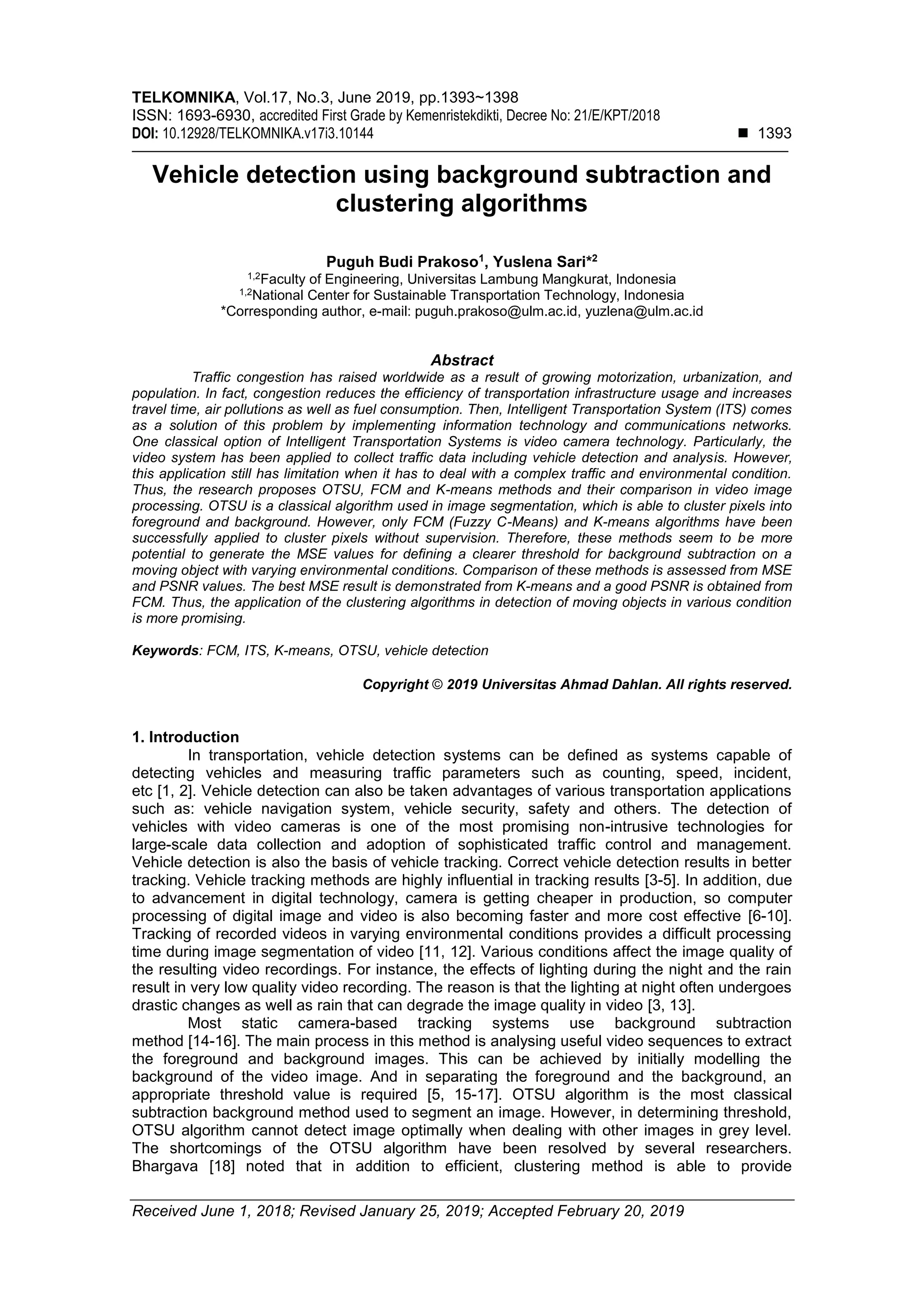 Vehicle Detection Using Background Subtraction And Clustering