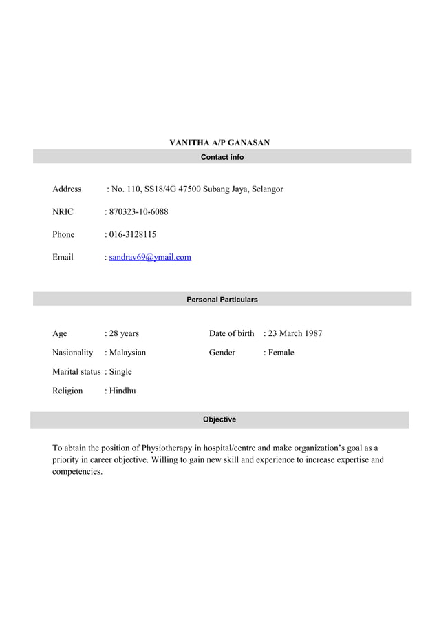 Vanitha's resume PT | PDF