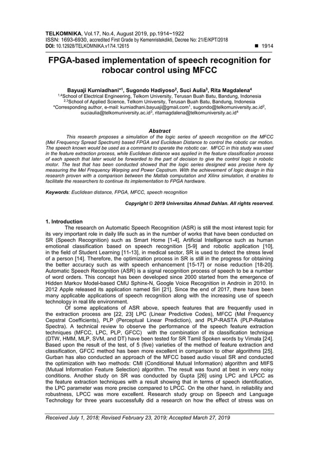 Fpga Based Implementation Of Speech Recognition For Robocar Control Using Mfcc Pdf