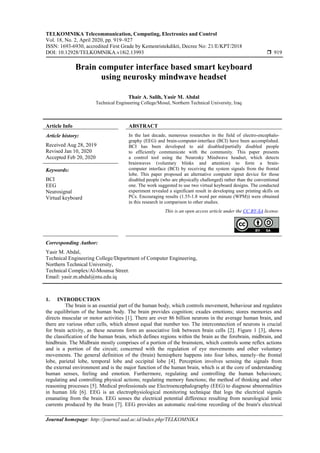 Brain computer interface based smart keyboard using neurosky mindwave headset | PDF