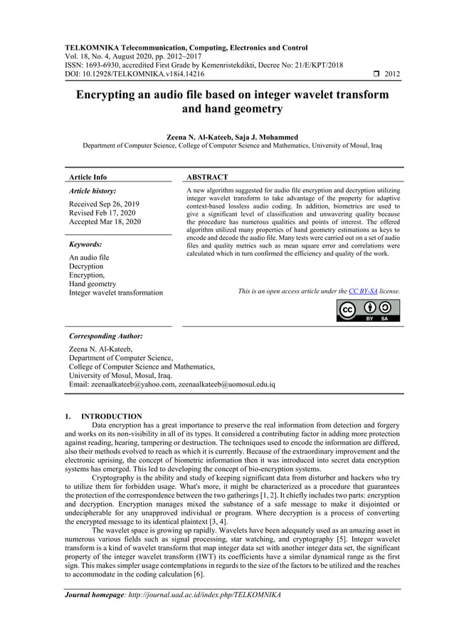 Encrypting an audio file based on integer wavelet transform and hand geometry | PDF