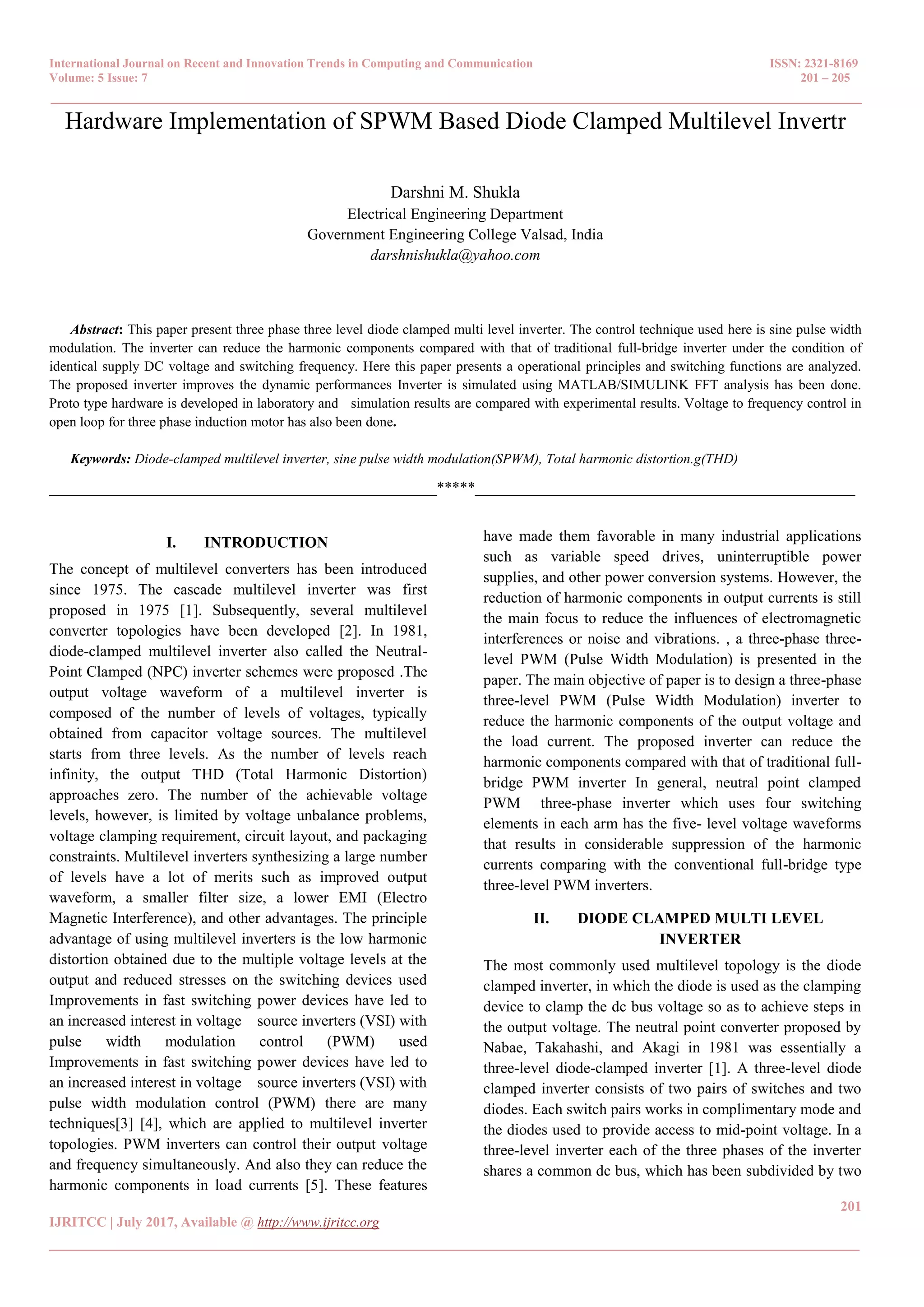Hardware Implementation of SPWM Based Diode Clamped Multilevel Invertr | PDF