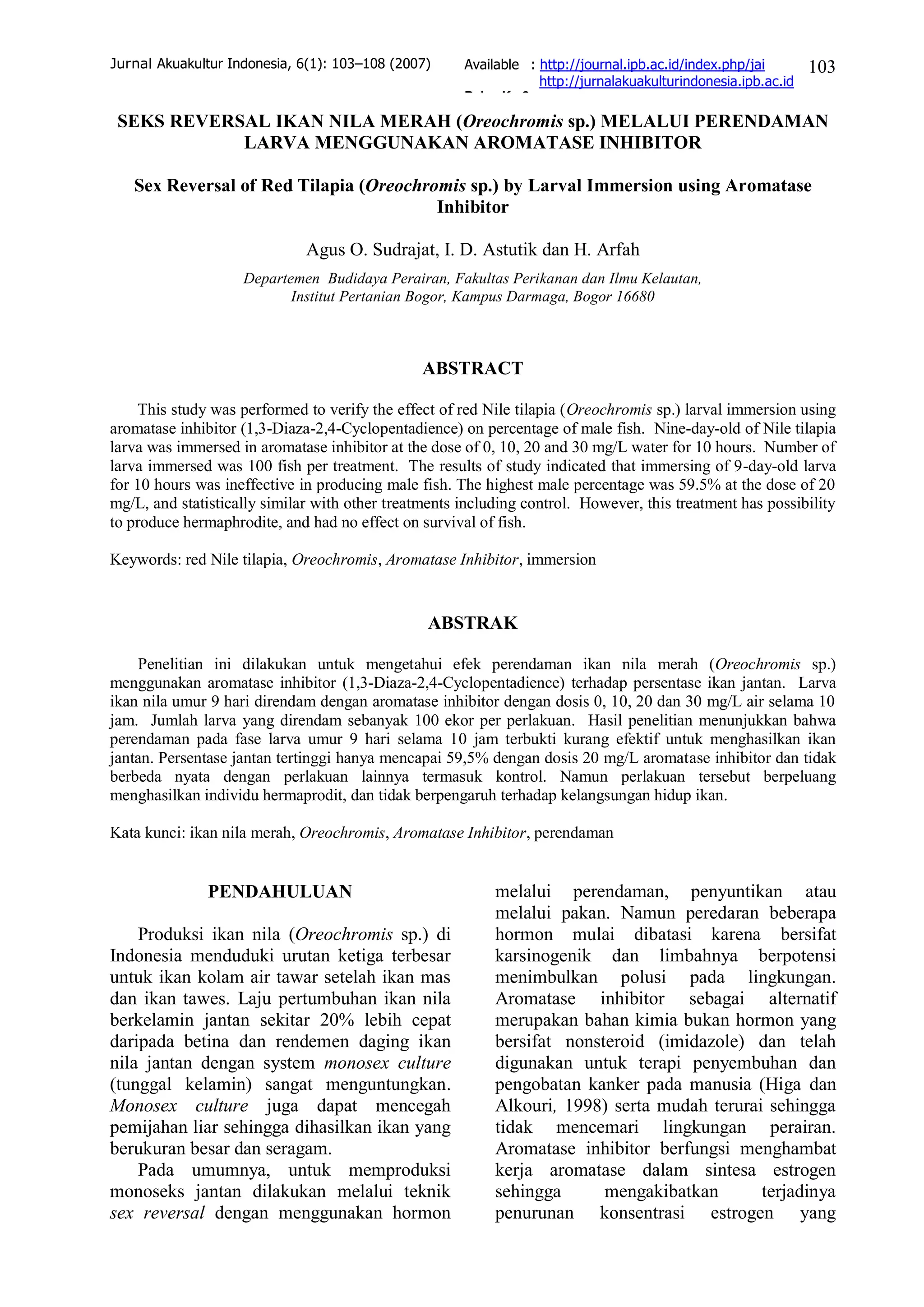 SEKS REVERSAL IKAN NILA MERAH (Oreochromis sp.) MELALUI PERENDAMAN LARVA MENGGUNAKAN AROMATASE ...