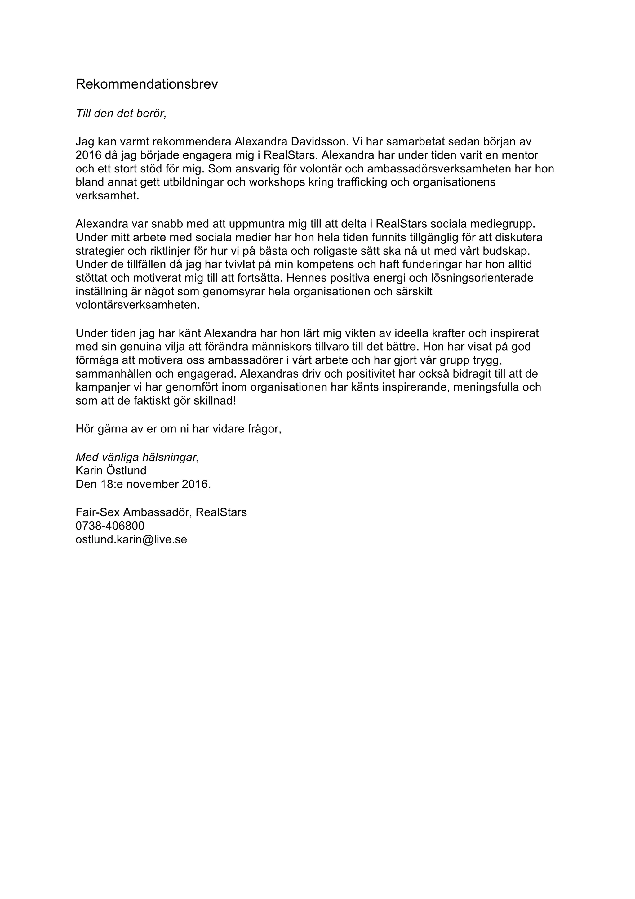 Rekommendationsbrev - Alexandra Davidsson | PDF