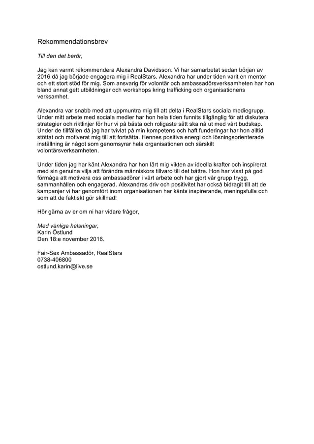 Rekommendationsbrev - Alexandra Davidsson | PDF
