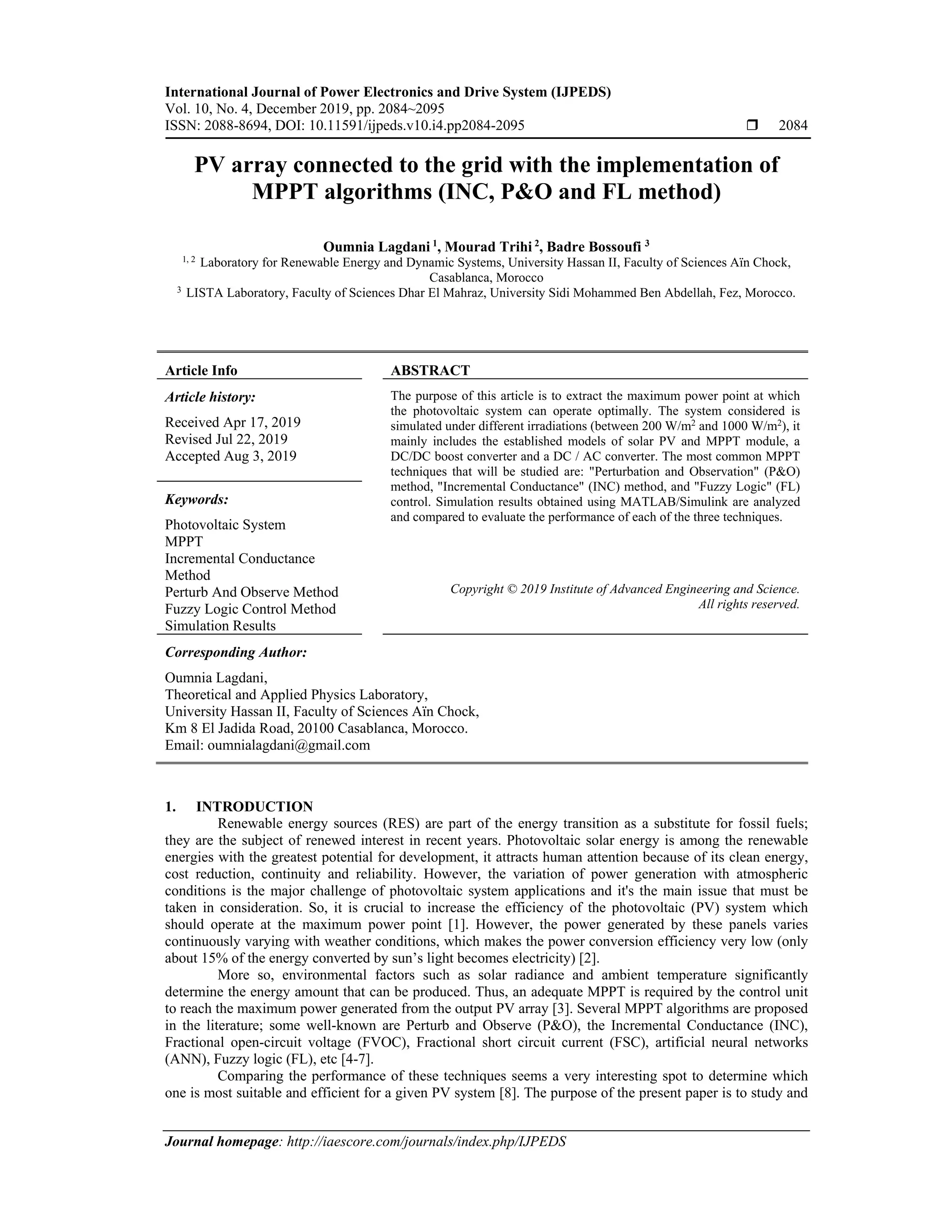 Pv Array Connected To The Grid With The Implementation Of Mppt Algorithms Inc Pando And Fl