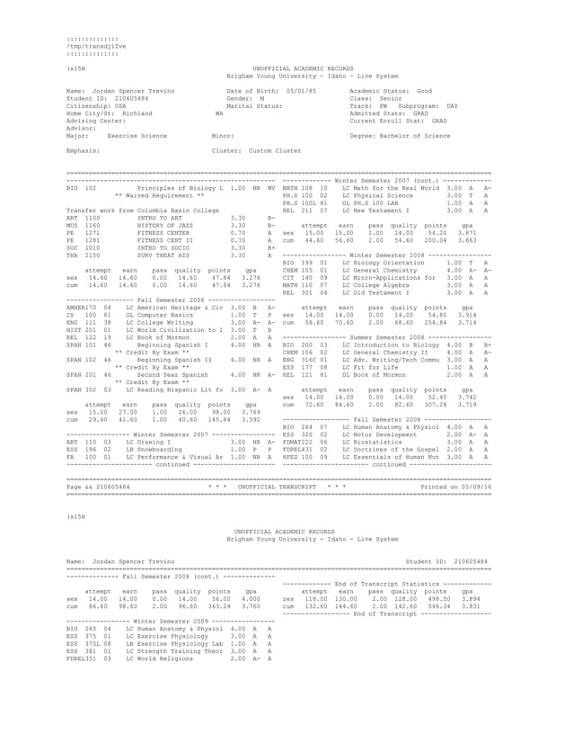 BYU Transcript | PDF
