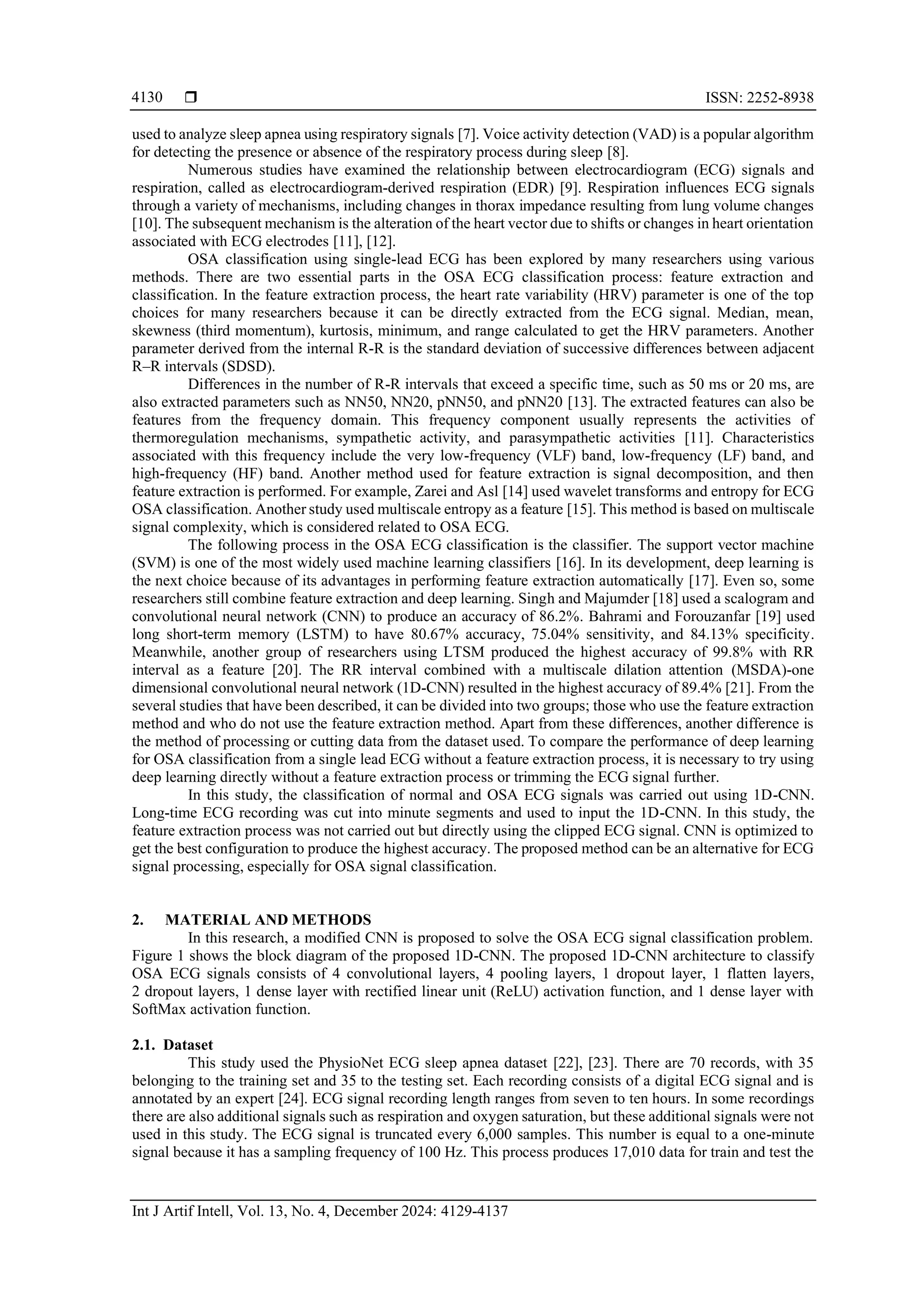 Obstructive sleep apnea detection based on electrocardiogram signal using one-dimensional ...