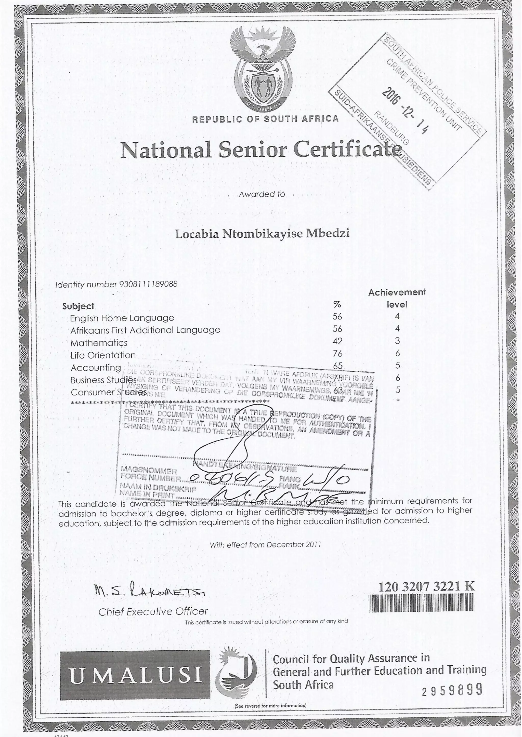 Matric certificate | PDF