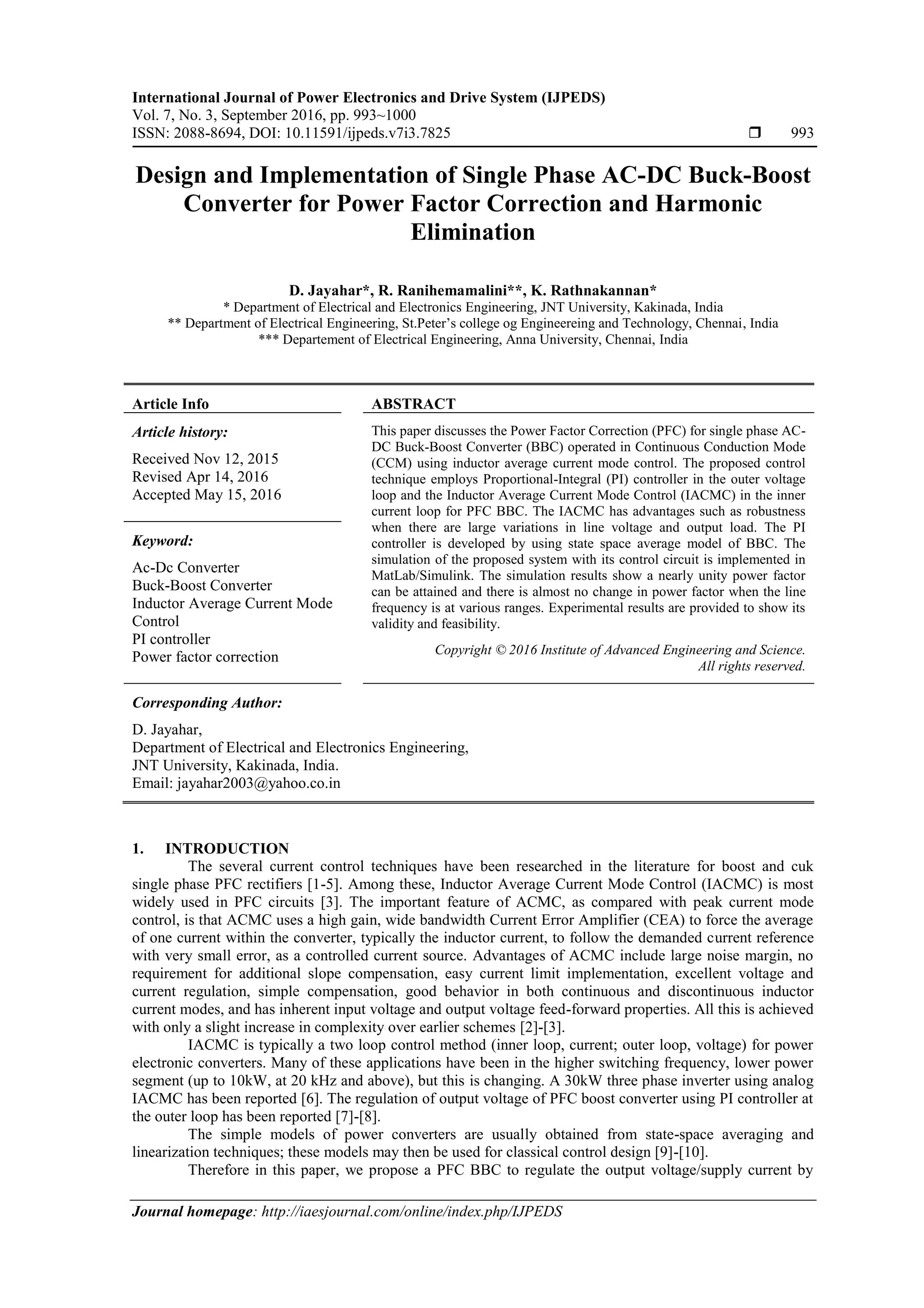 Design And Implementation Of Single Phase Ac Dc Buck Boost Converter For Power Factor Correction
