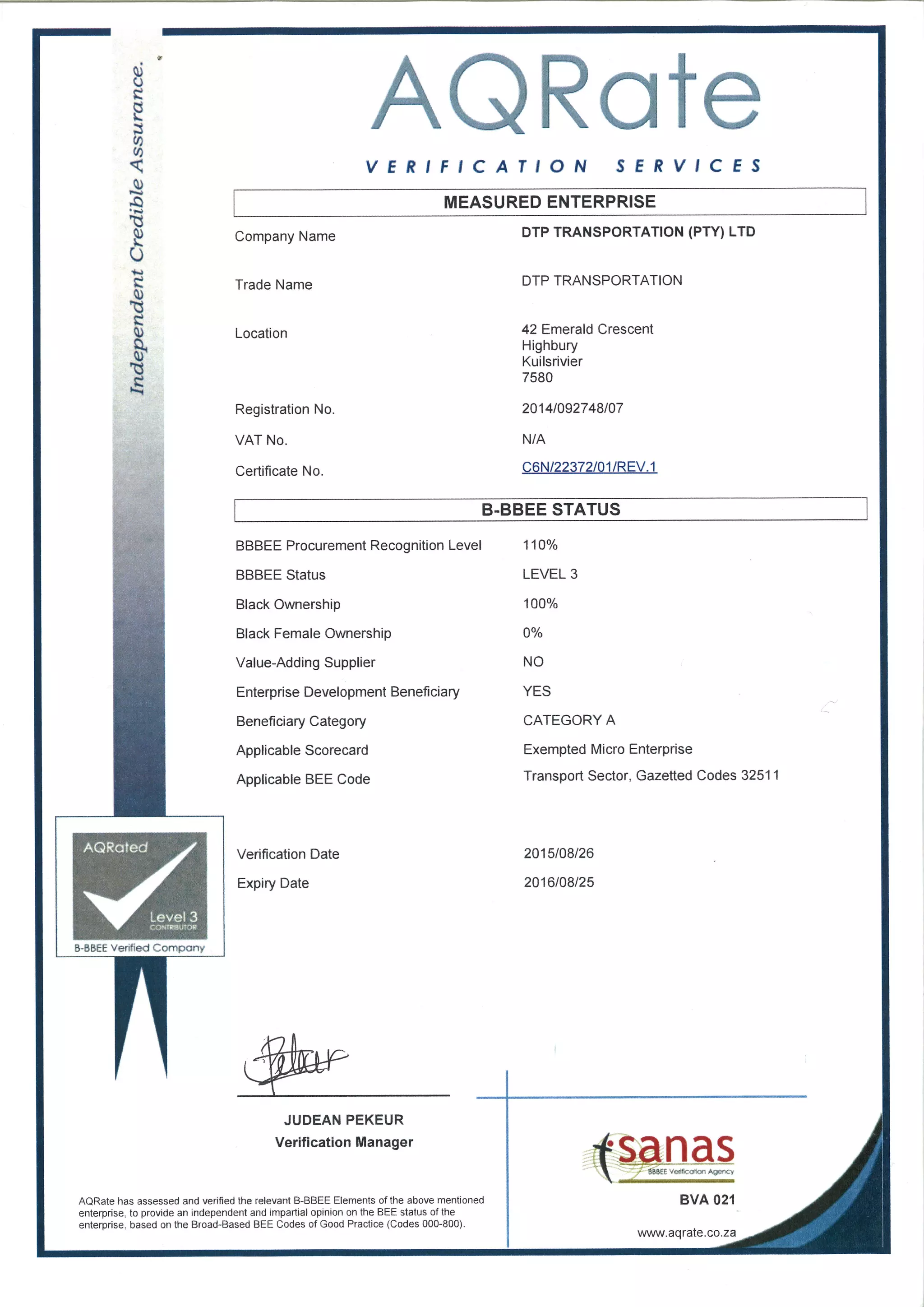 B-BBEE Certificate of DTP Transportation (Pty) Ltd | PDF