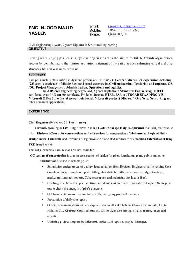 Njood Majid Resume | PDF | Civil Engineering Industry | Industries