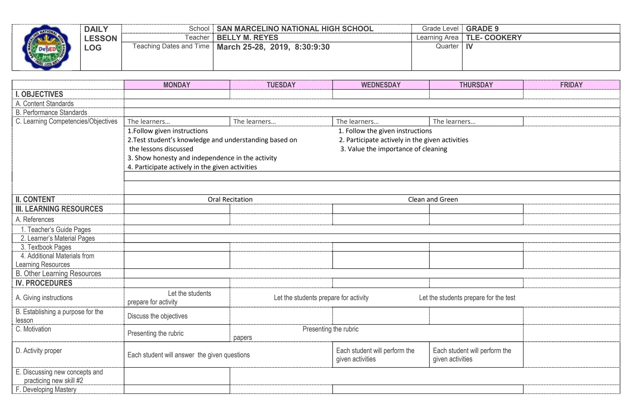 Senior High School Daily Lesson Log in Cookery-12 | DOCX