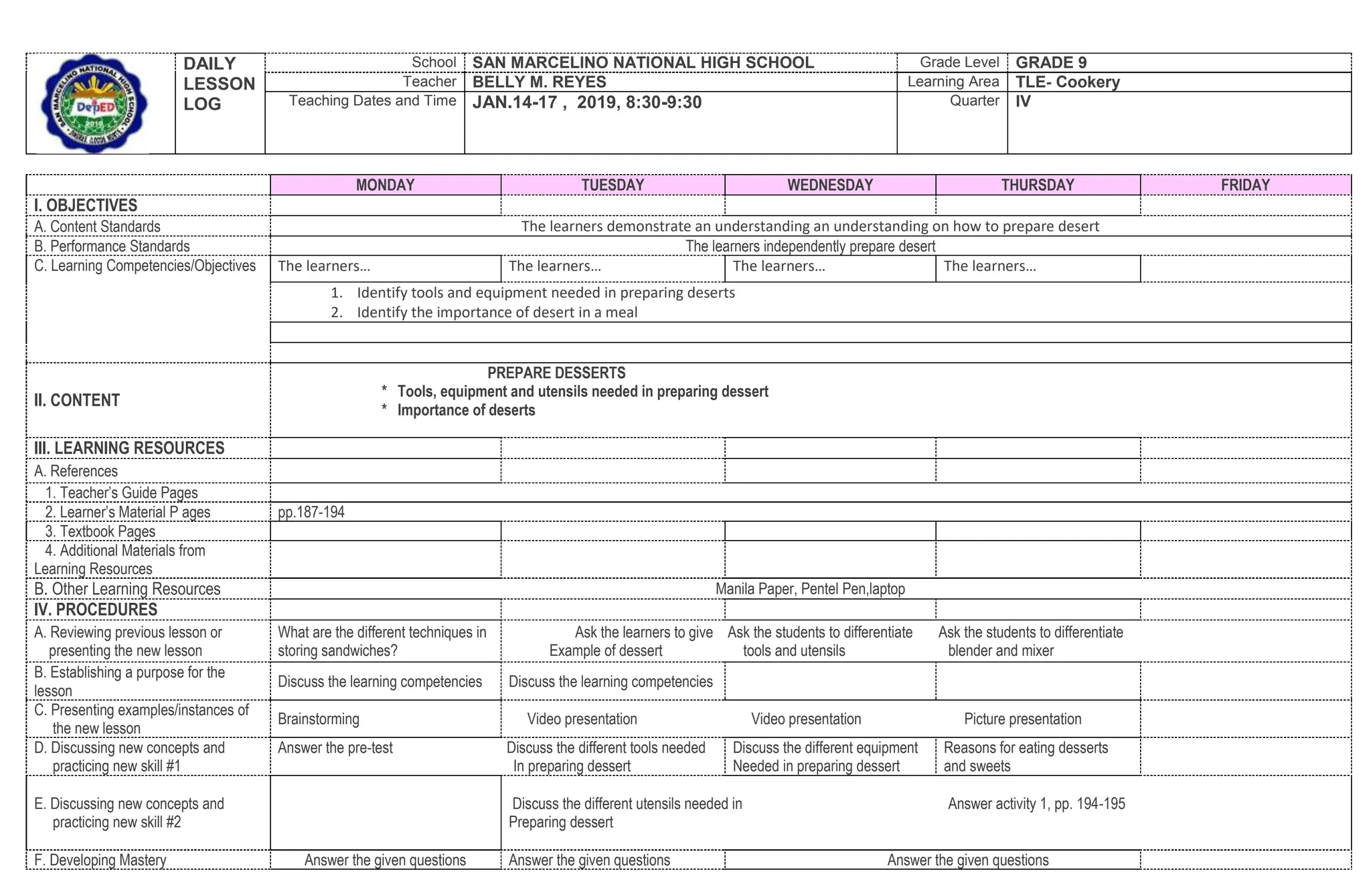 Senior High School Daily Lesson Log in Cookery-12 | DOCX