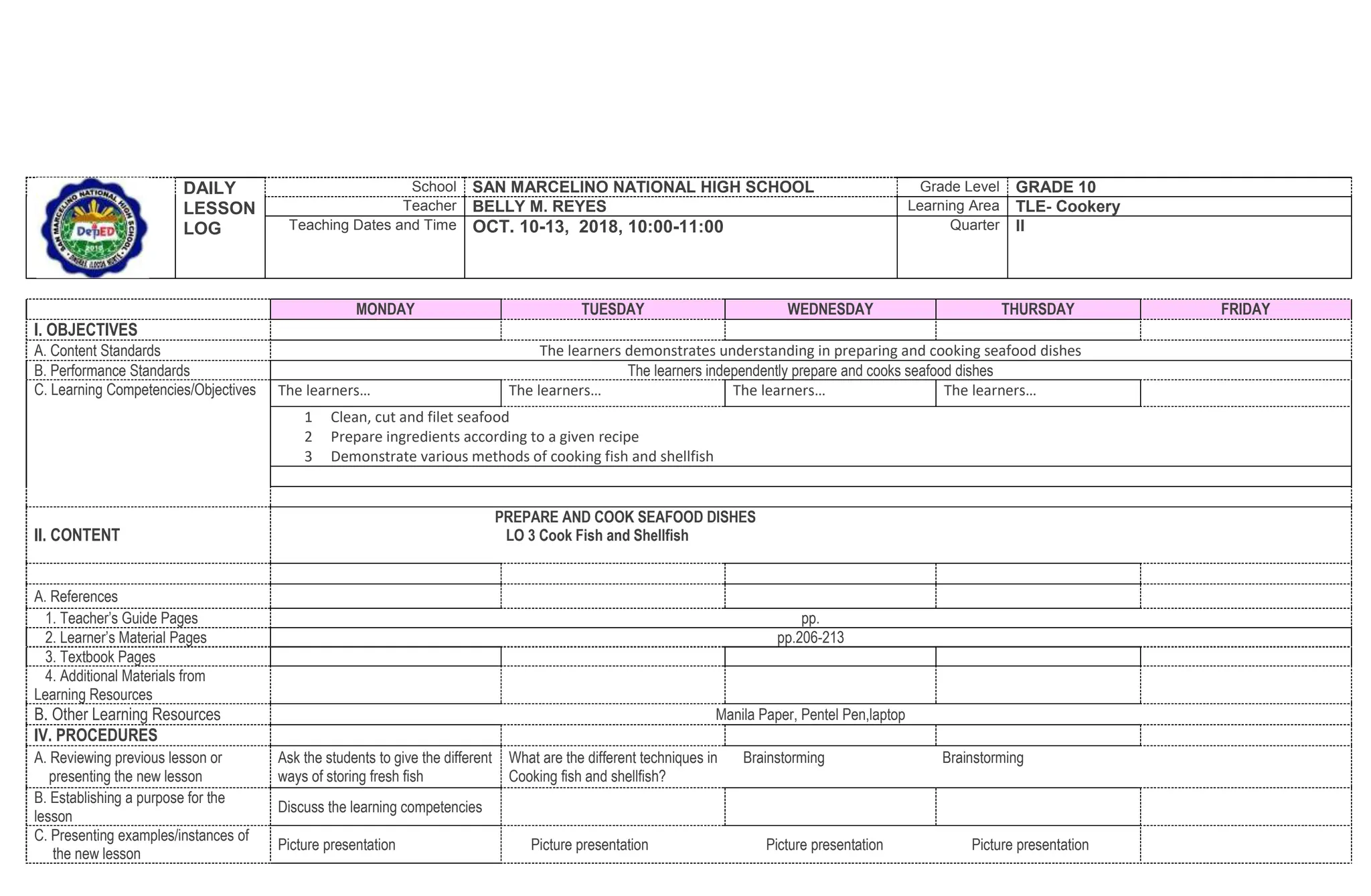 Senior High School Daily Lesson Log in Cookery-12 | DOCX