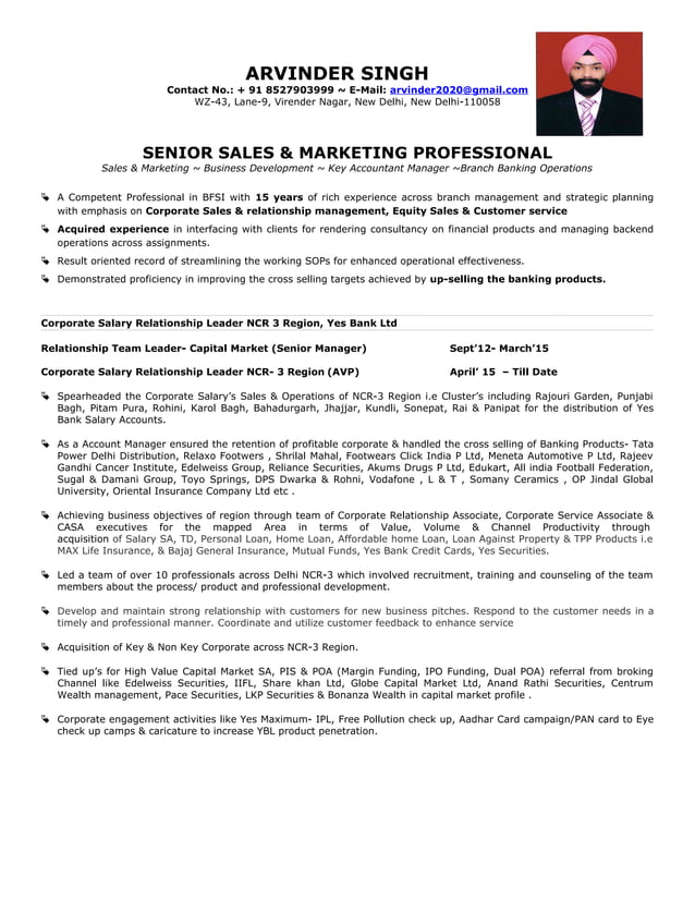 Resume Arvinder Singh | DOC | Business Banking & Finance | Business